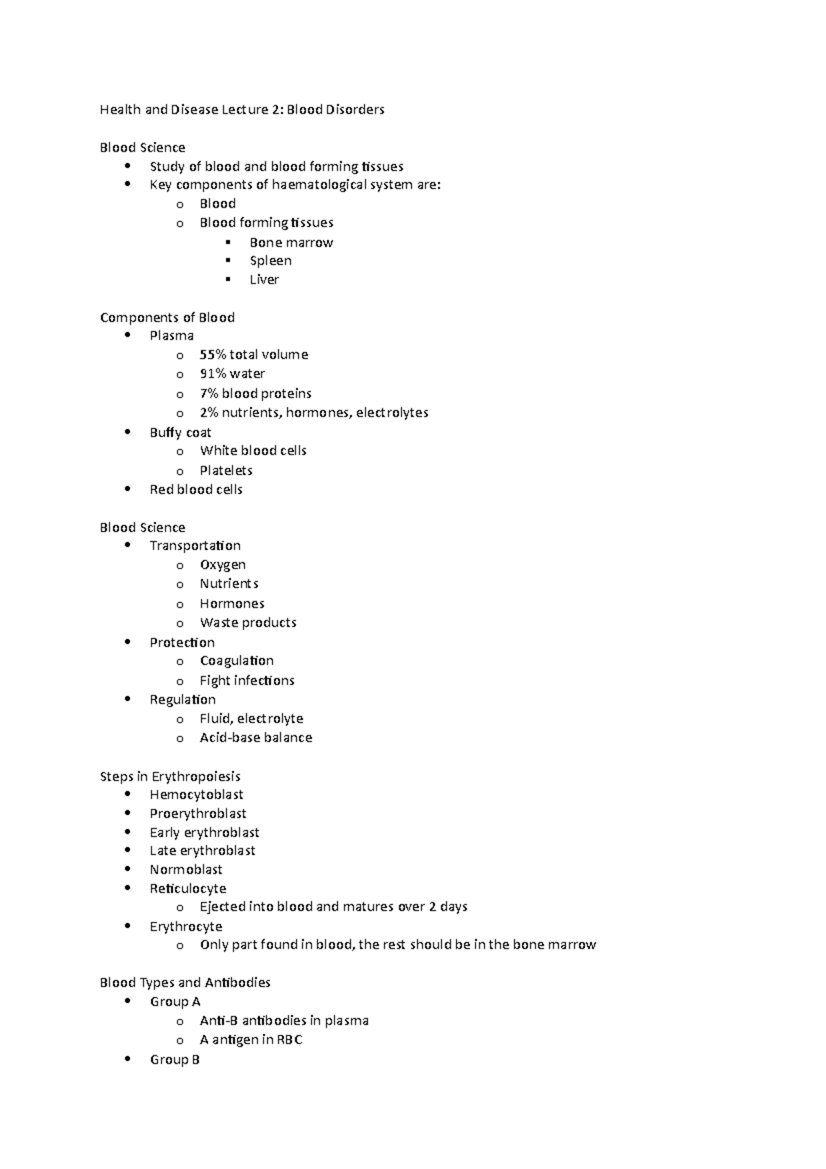 Lecture 2 Notes - Health and Disease Lecture 2: Blood Disorders Blood ...