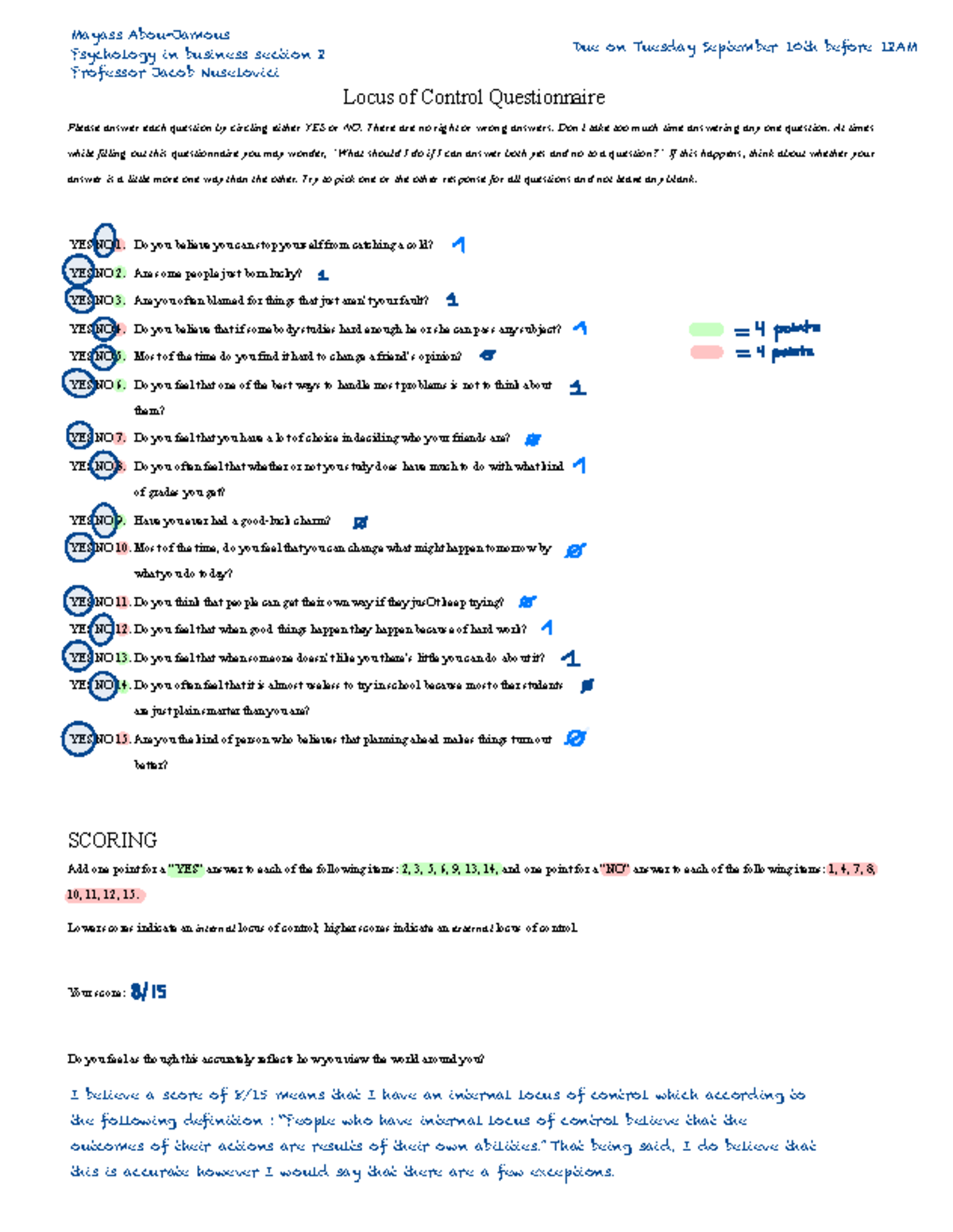 Assignment #2 - Teacher: jacob nuselovici - Locus of Control ...