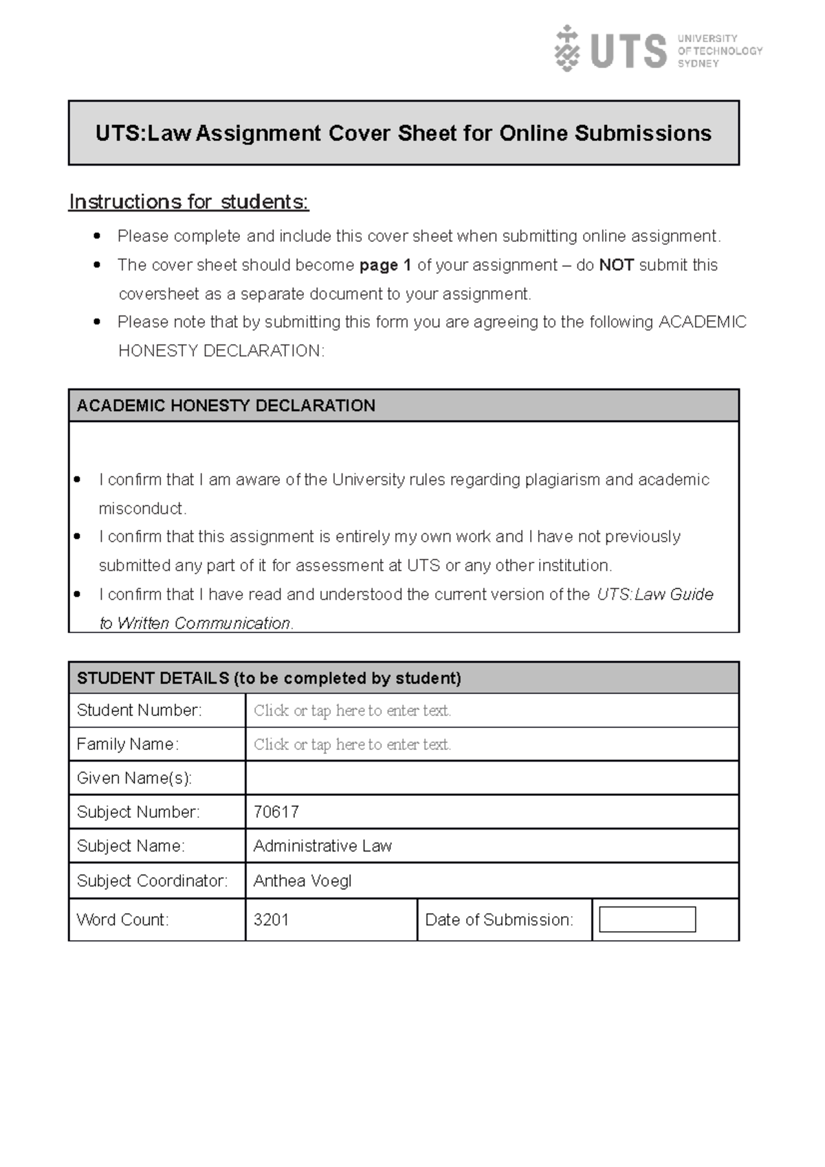 Admin essay final - UTS:Law Assignment Cover Sheet for Online ...