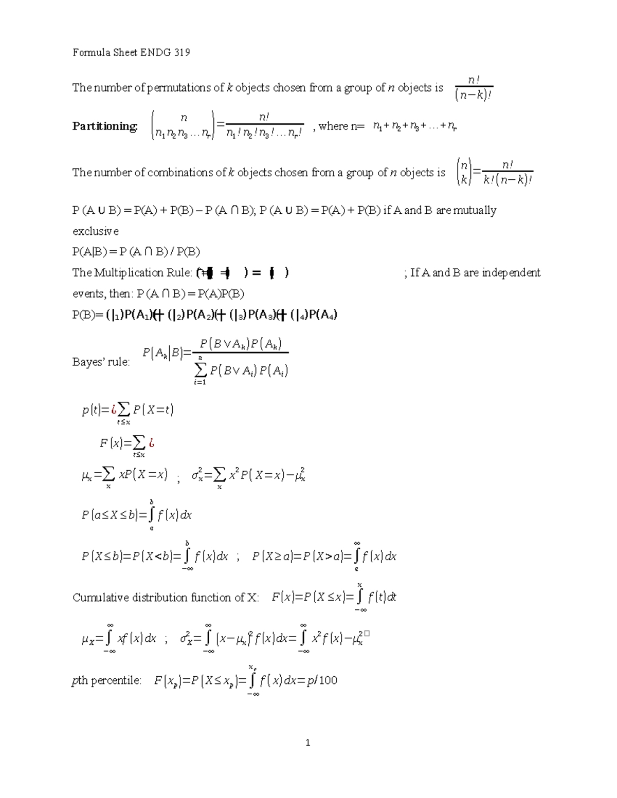 Formula Sheet - Final - The number of permutations of k objects chosen ...