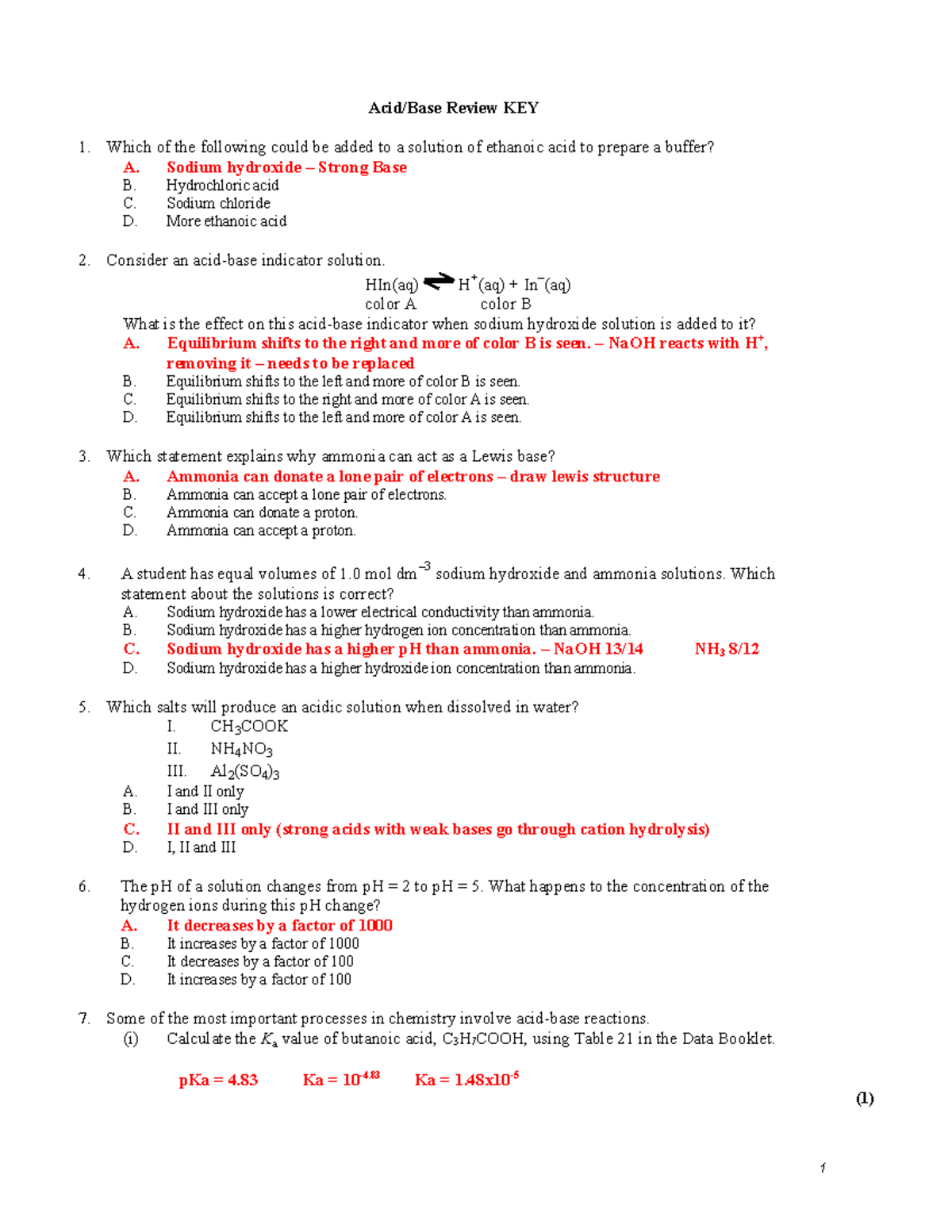 Acid base review key - Acid/Base Review KEY 1. Which of the following ...