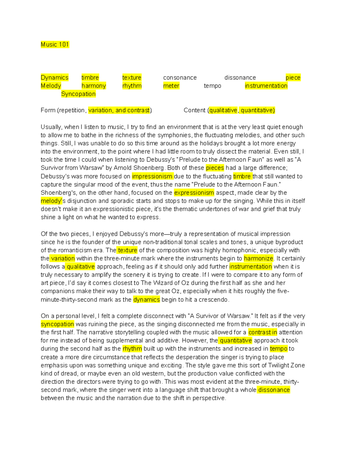 Music 101 - assignment 2 - Music 101 Dynamics timbre texture consonance ...