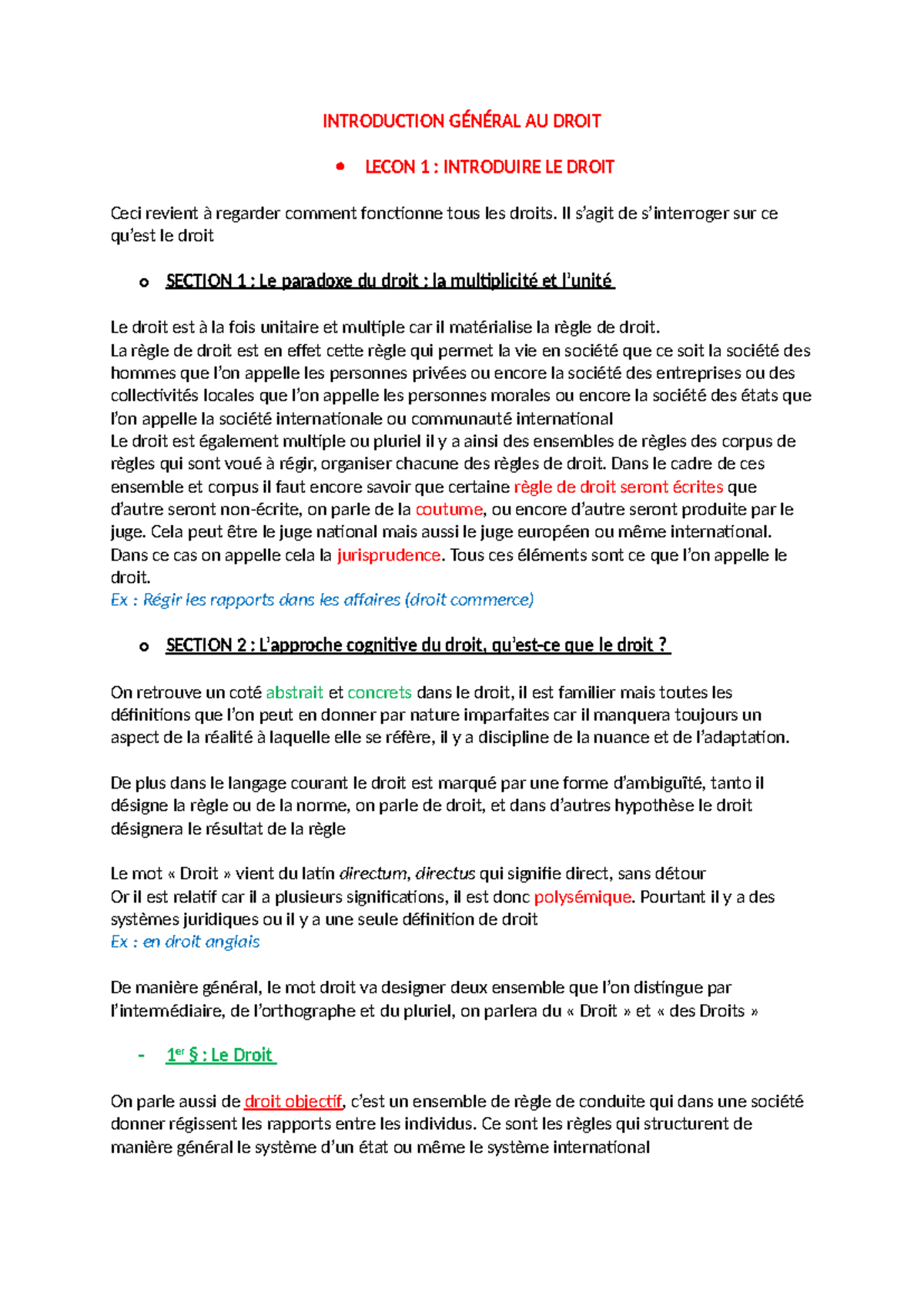 Cours - INTRODUCTION GÉNÉRAL AU DROIT LECON 1 : INTRODUIRE LE DROIT Ceci revient à regarder ...
