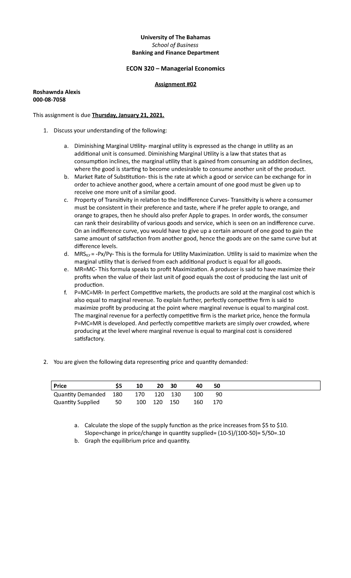Econ 320 assignment ^N2 - University of The Bahamas School of Business ...