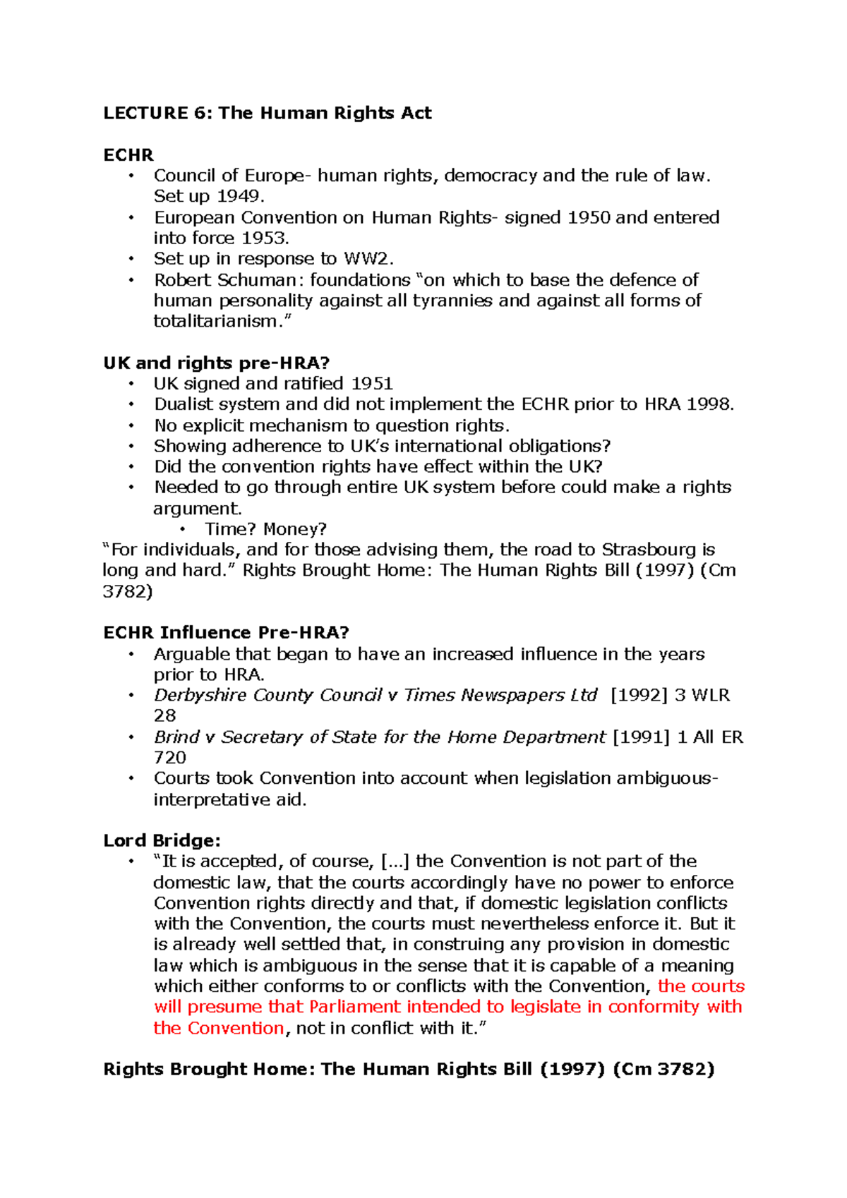 Lecture 6 - 11 - LECTURE 6: The Human Rights Act ECHR - Council of Europe- human rights ...