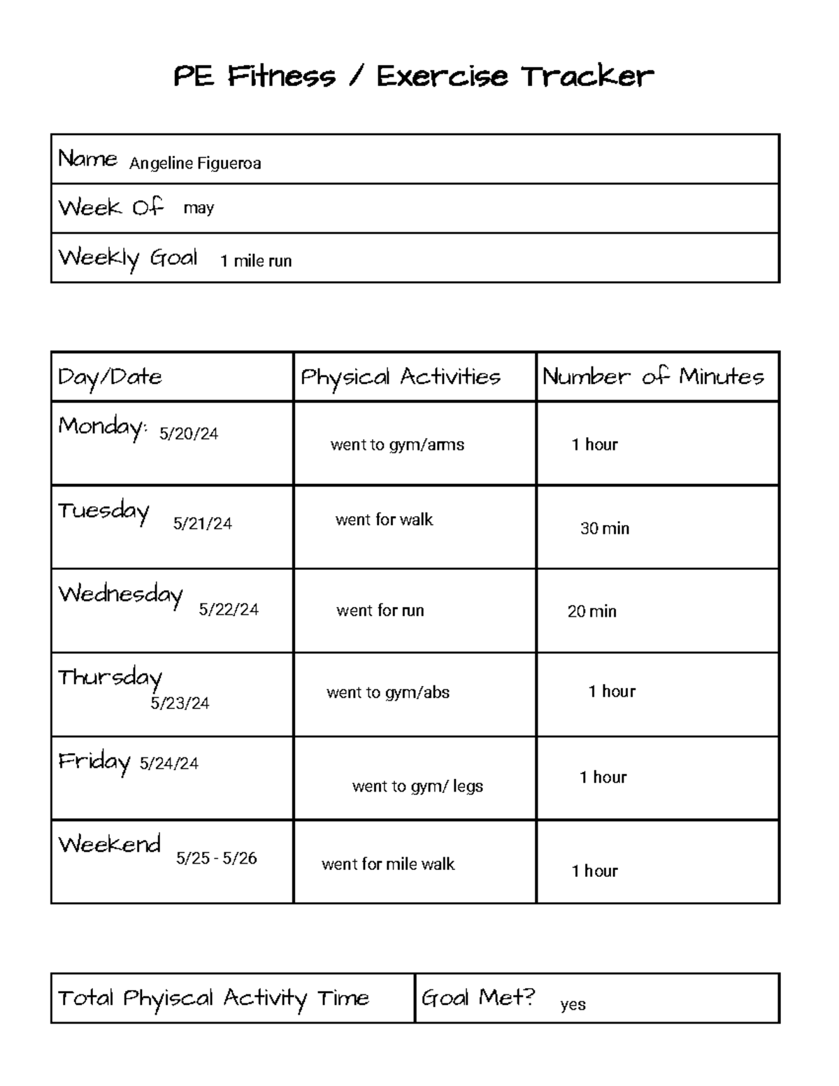Kami Export - Physical Education Student Form Activity Tracking Log in ...