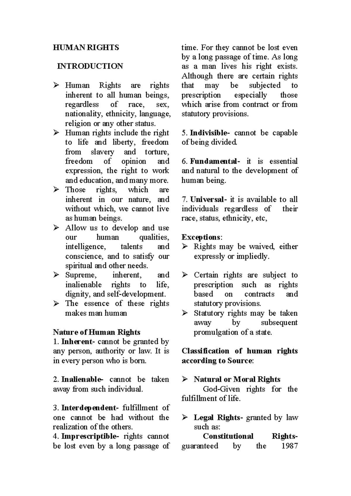 Human Rights Education Notes - HUMAN RIGHTS INTRODUCTION Human Rights ...