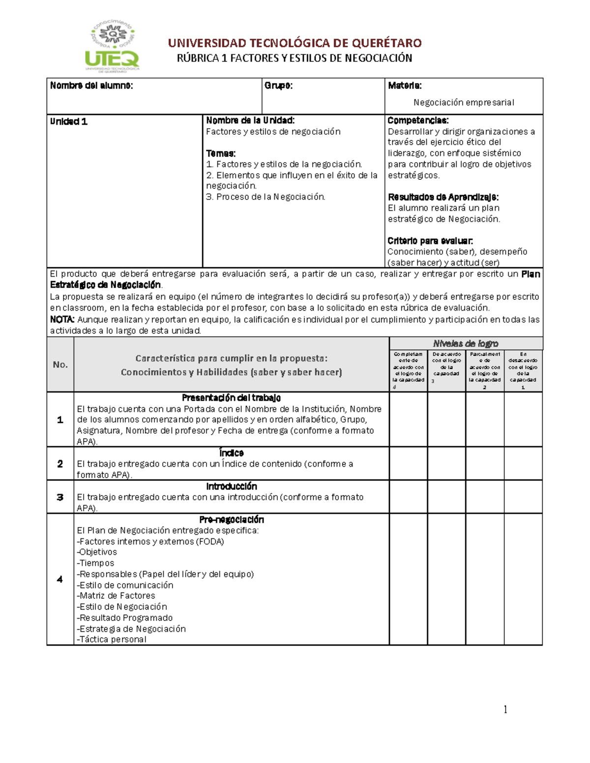 Rubrica 1 NE 2023 - ifkkfksdfkllksdg - UNIVERSIDAD TECNOL”GICA DE QUER ...