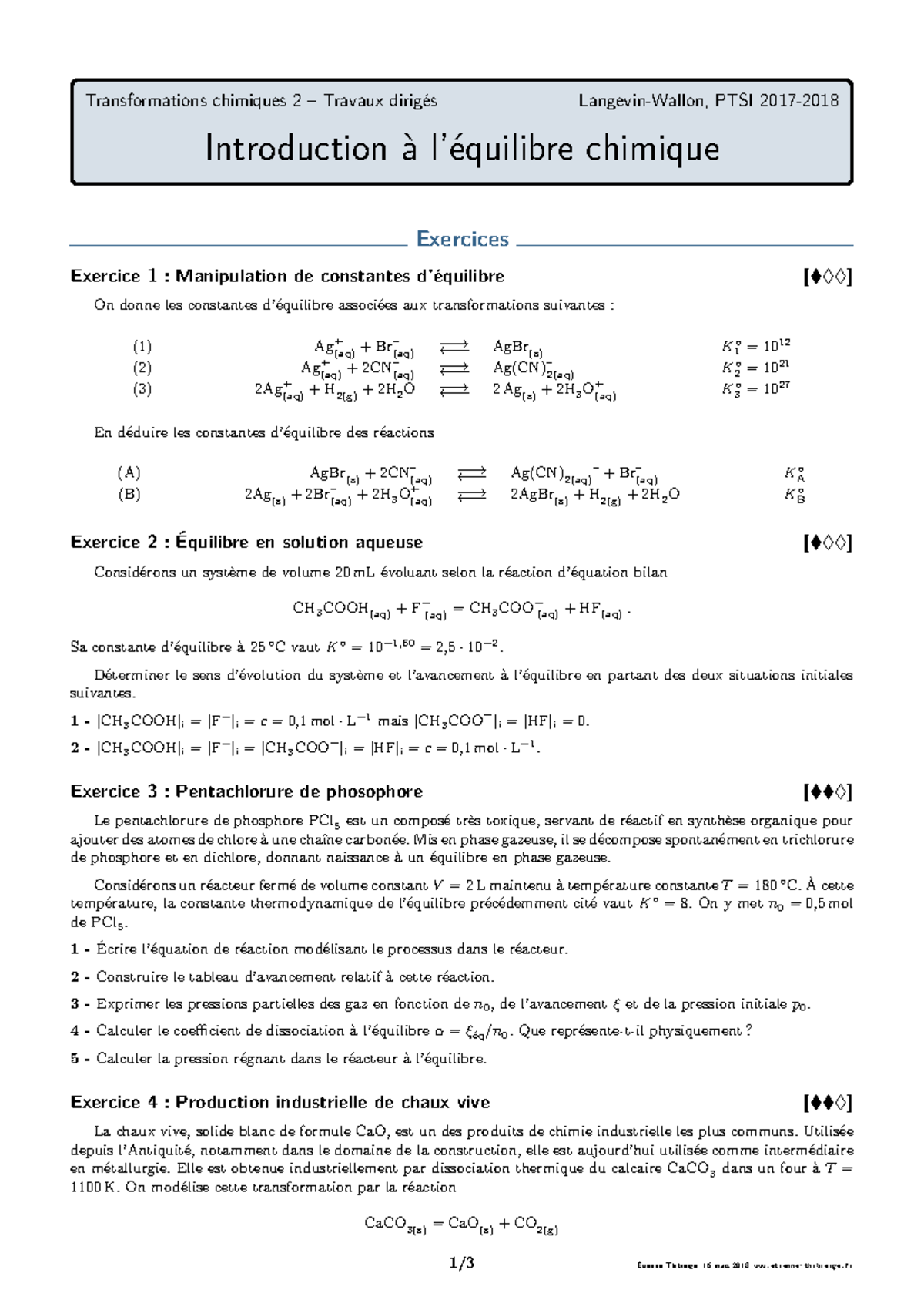 Td tc2 eq-chim - équilibre - Transformations chimiques 2 – Travaux dirigés Langevin-Wallon, PTSI ...