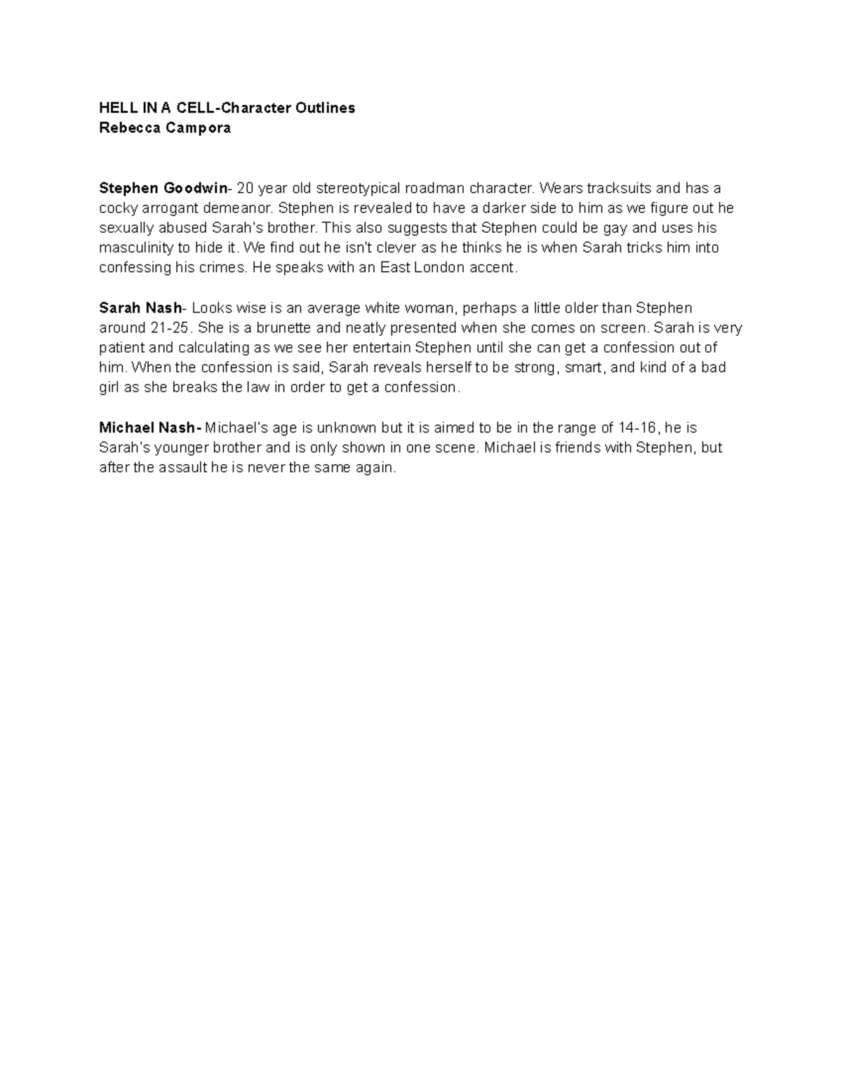 Character Outline - HELL IN A CELL-Character Outlines Rebecca Campora ...