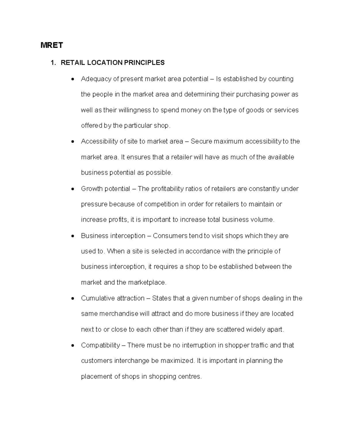 Retailing - MRET 1. RETAIL LOCATION PRINCIPLES Adequacy of present ...