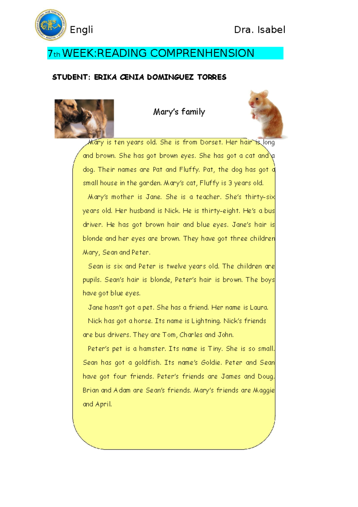 7th. - Reading Comprehension - 7 th WEEK:READING COMPRENHENSION STUDENT ...