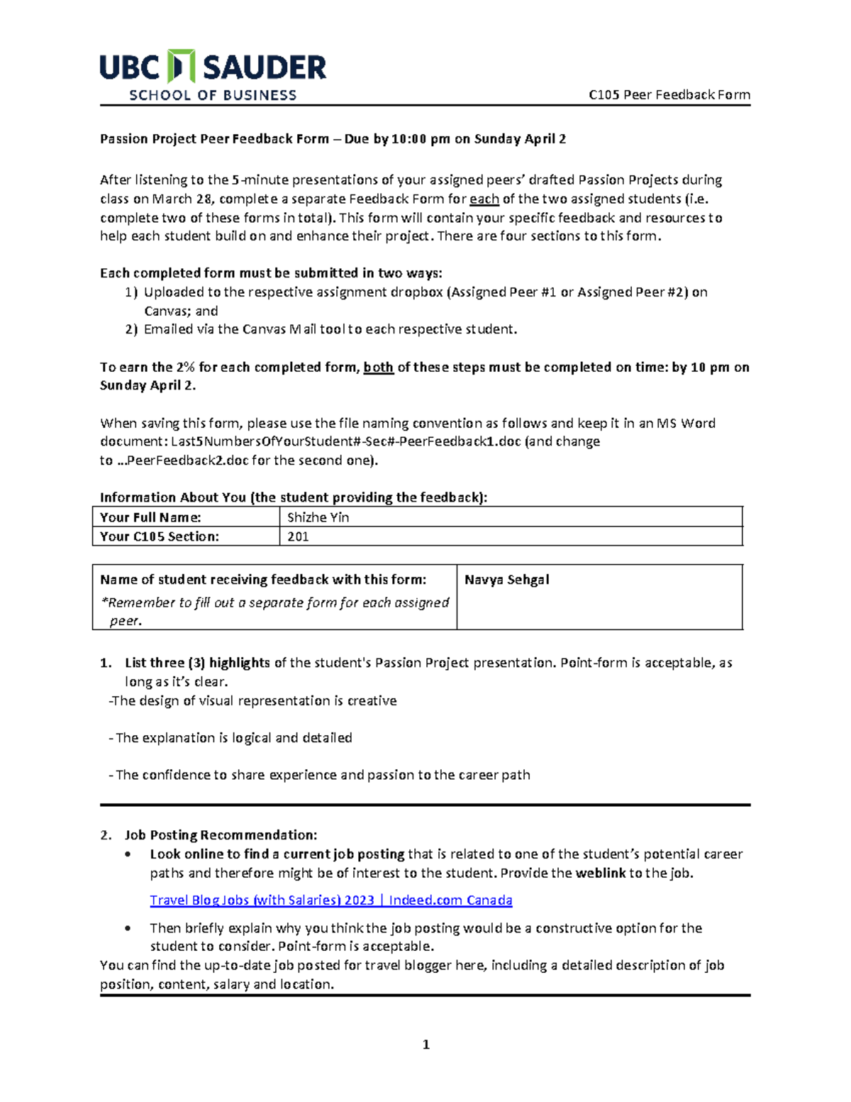 50775#-COMM105 201#-Peer Feedback 1 - C105 Peer Feedback Form 1 Passion ...