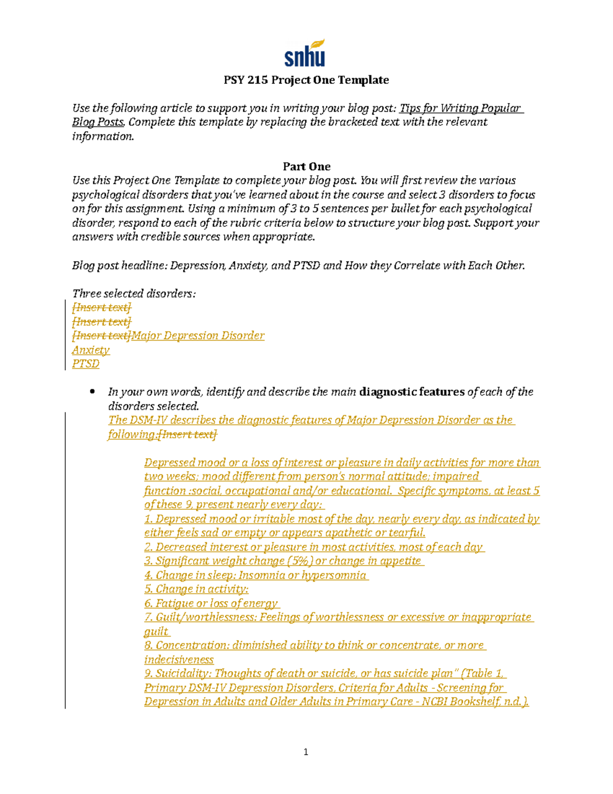 Abnormal Psych Project One Completed - PSY 215 Project One Template Use ...