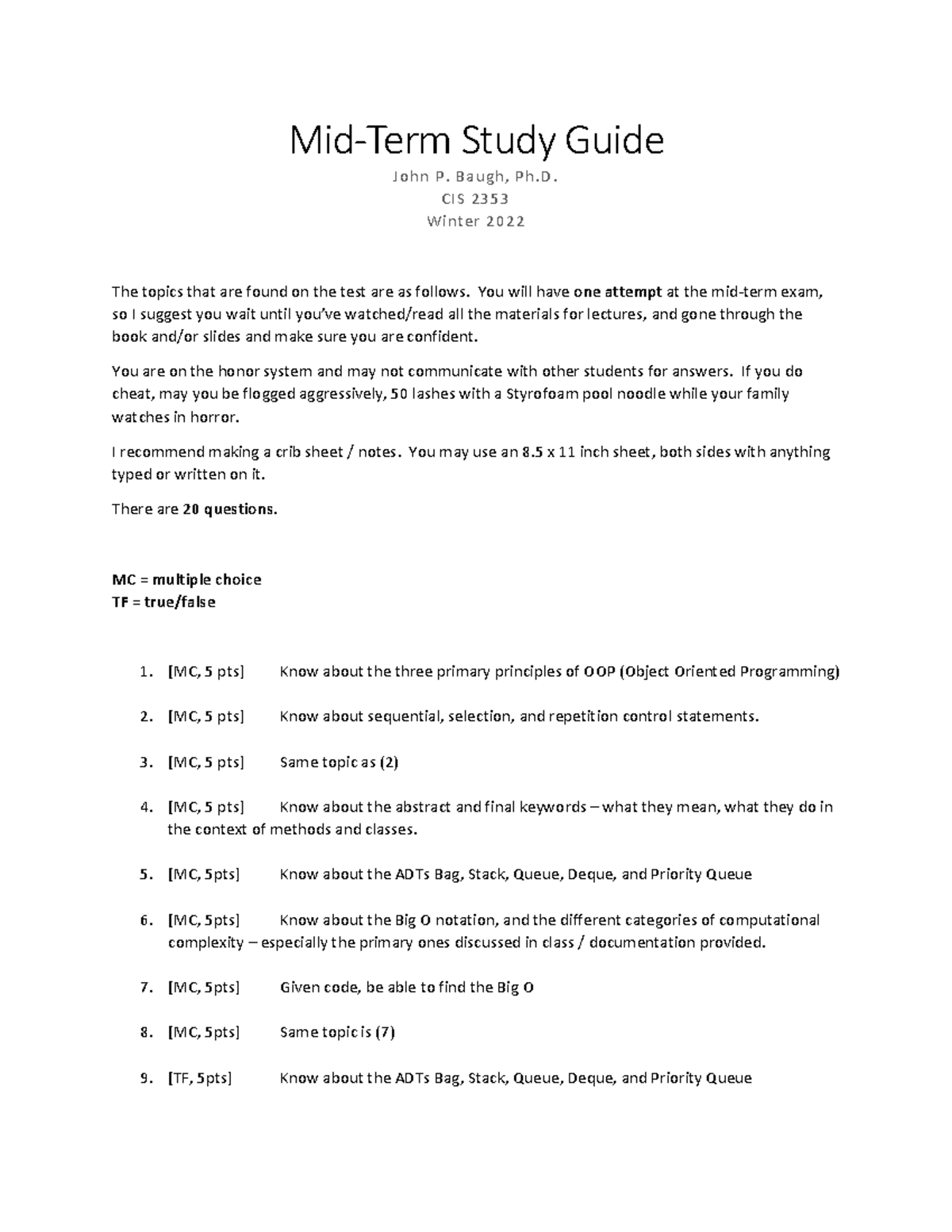 Mid Term Study Guide - exam review for the midterm. this is for CSC ...