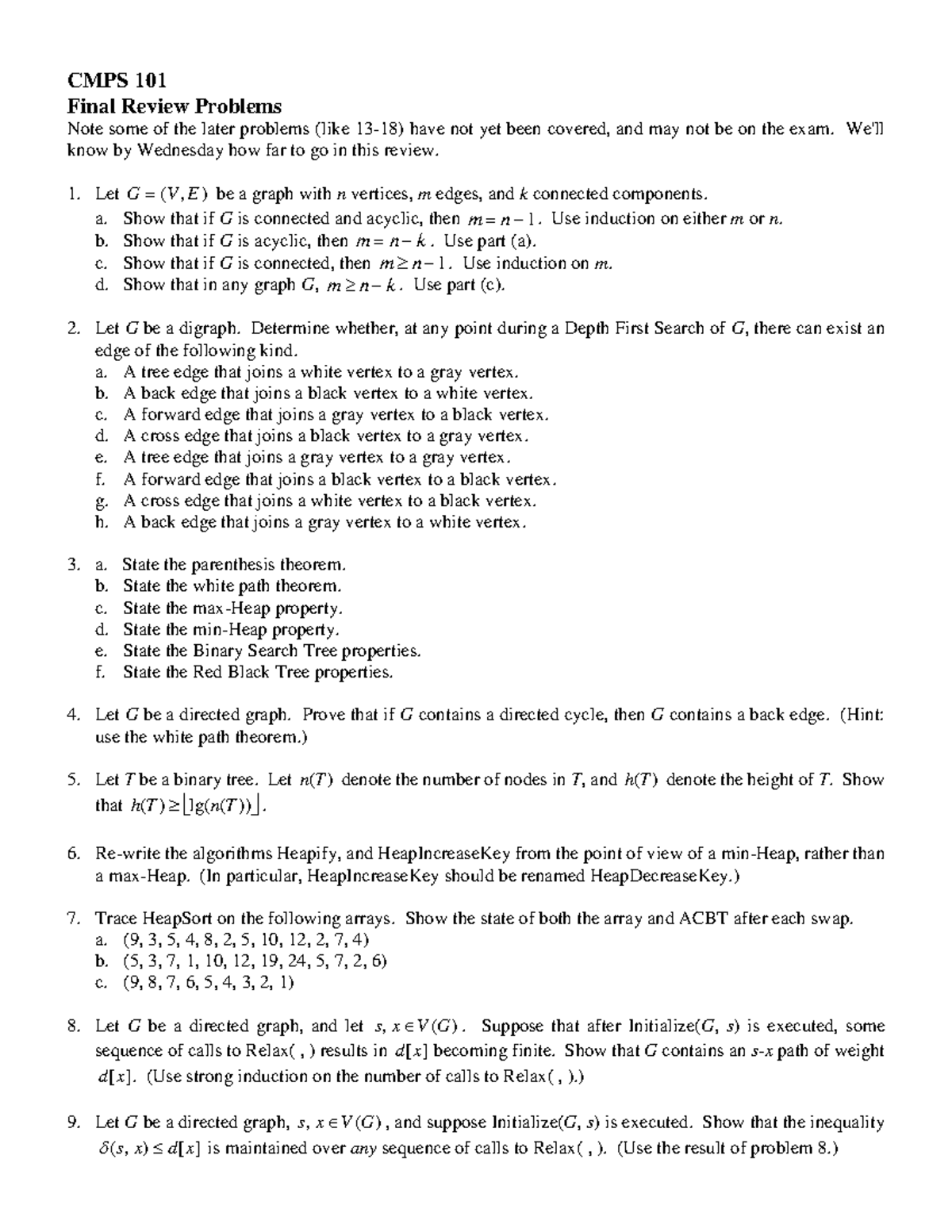 Review 3 Summary Algorithms And Abstract Data Types Cmps 101 Final Review Problems Note Some