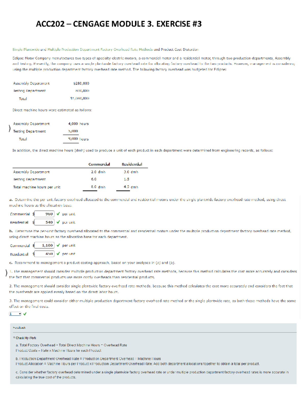 Module 3.Exercise 3 Answer - ACC202 CENGAGE MODULE 3. EXERCISE Single Plantwide and Multiple ...