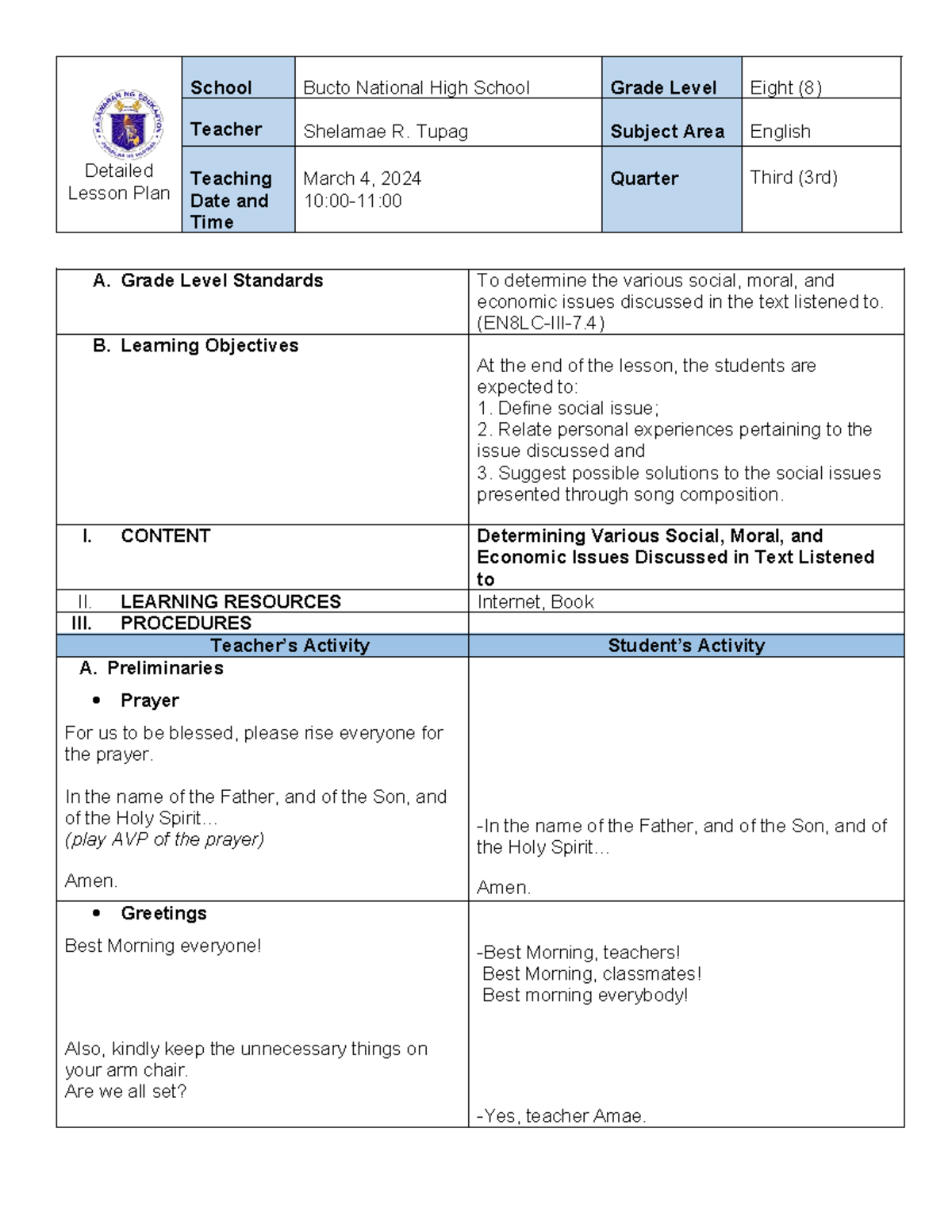 Grade 8- Q3-W3 - Lesson plan - Detailed Lesson Plan School Bucto ...