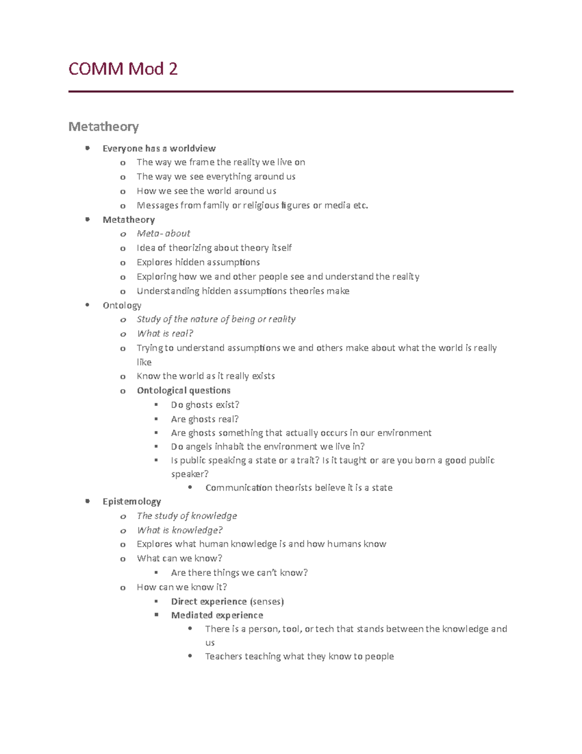 COMM Mod 2 - Module 2 slide notes - COMM Mod 2 Metatheory Everyone has ...