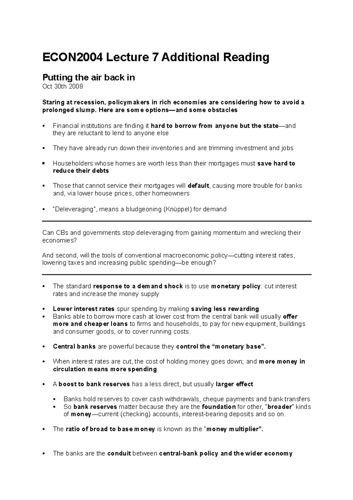 ECON2004 Term 1 Lecture 7 Additional Reading - ECON2004 Lecture 7 Additional Reading Putting the ...