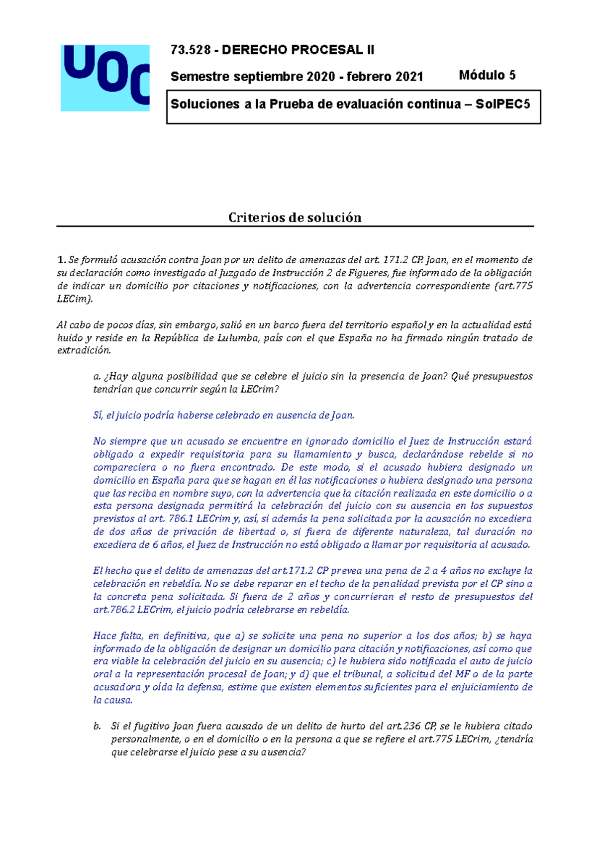 73528 Sol PEC 5 - PRÁCTICA PEC5 - 73 - DERECHO PROCESAL II Semestre septiembre 2020 - febrero ...