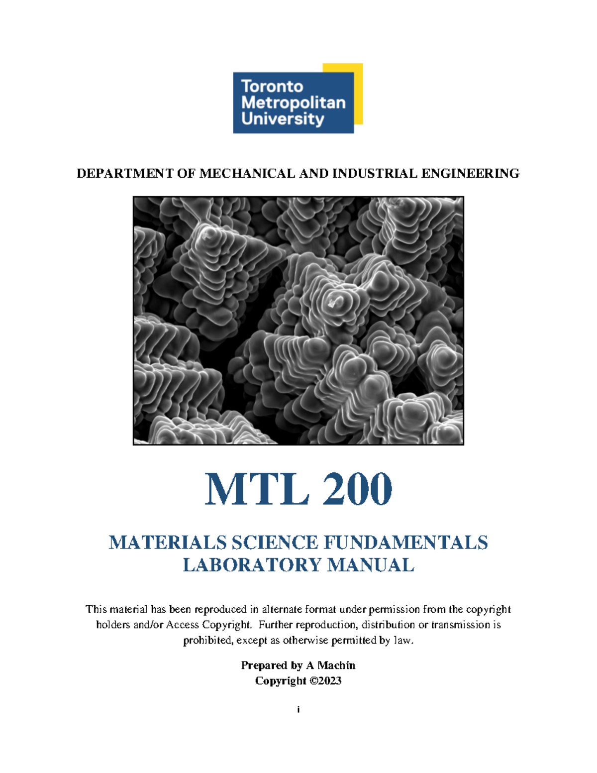 MTL 200 lab manual 2023 - i DEPARTMENT OF MECHANICAL AND INDUSTRIAL ...
