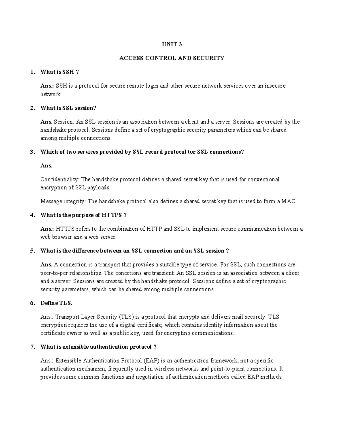 Ns unit 3 qb - QUES BANK - UNIT 3 ACCESS CONTROL AND SECURITY What is SSH? Ans.: SSH is a ...