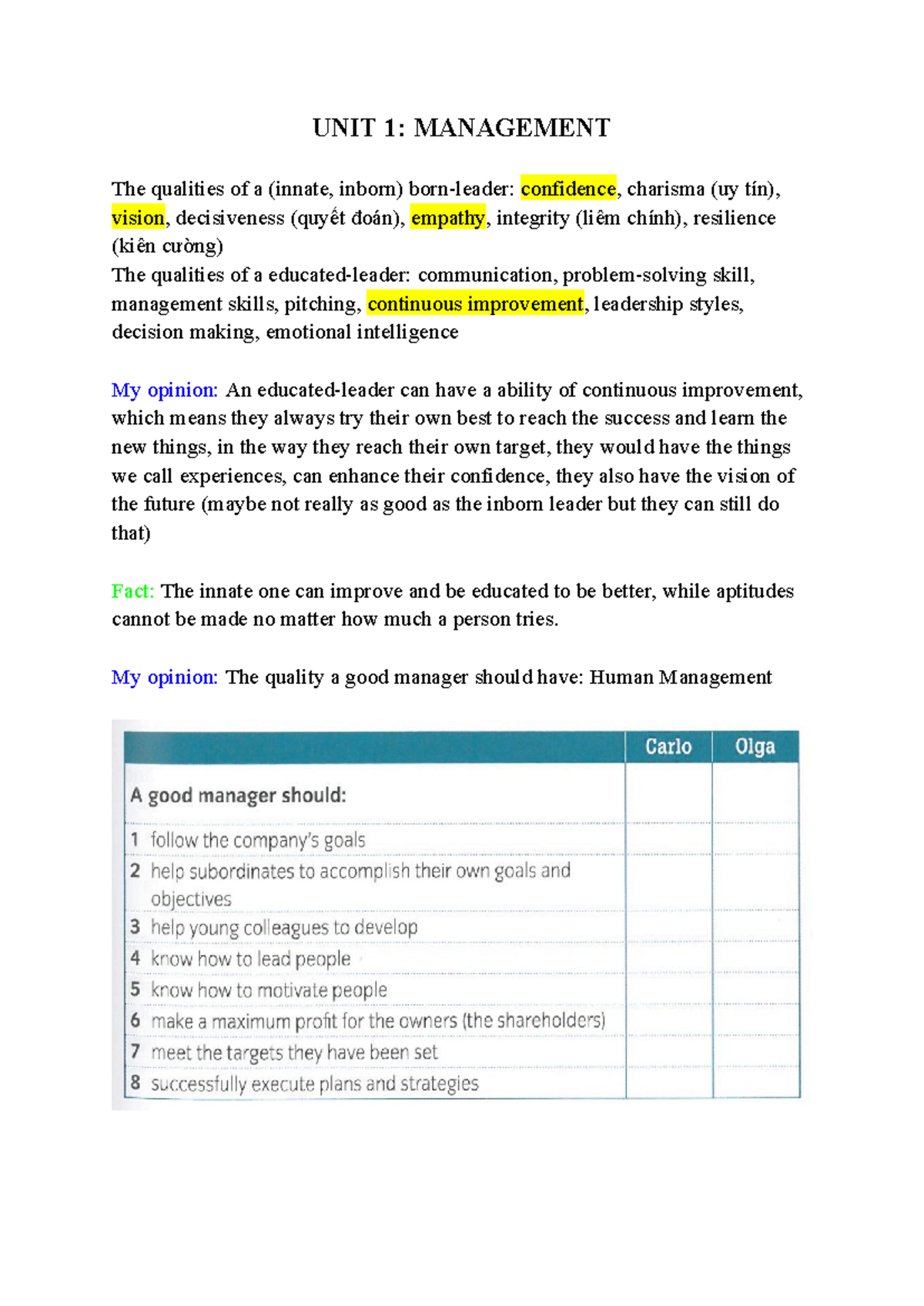ESP 1 - UNIT 1 - MANAGEMENT - UNIT 1: MANAGEMENT The qualities of a ...