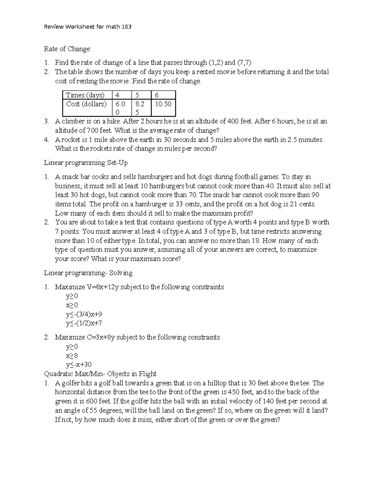 MTH 103 review sheet - Review Worksheet for math 103 Rate of Change ...
