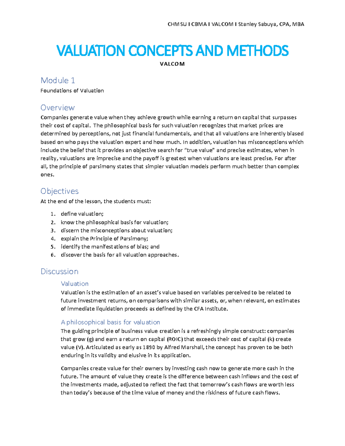 Valcom Module 1 Foundations Of Valuation - VALUATION CONCEPTS AND METHODS VALCOM Module 1 - Studocu
