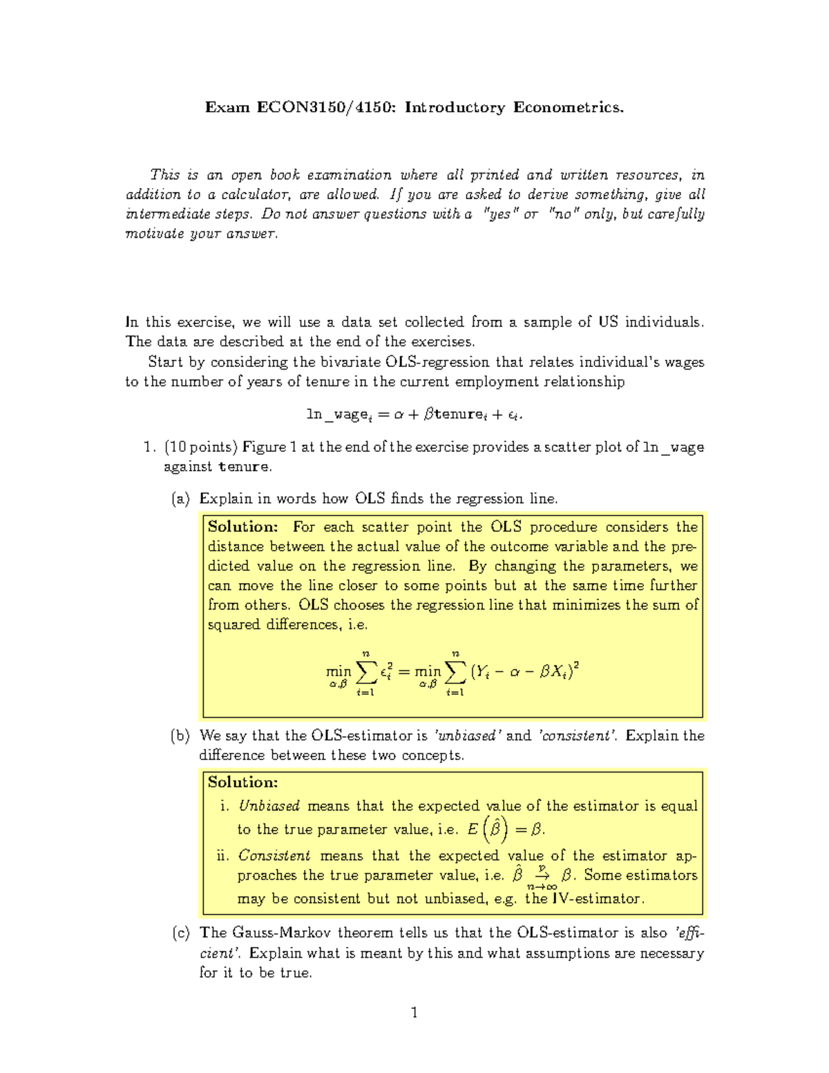 T1 - Econometrics Test - Exam ECON3150/4150: Introductory Econometrics ...