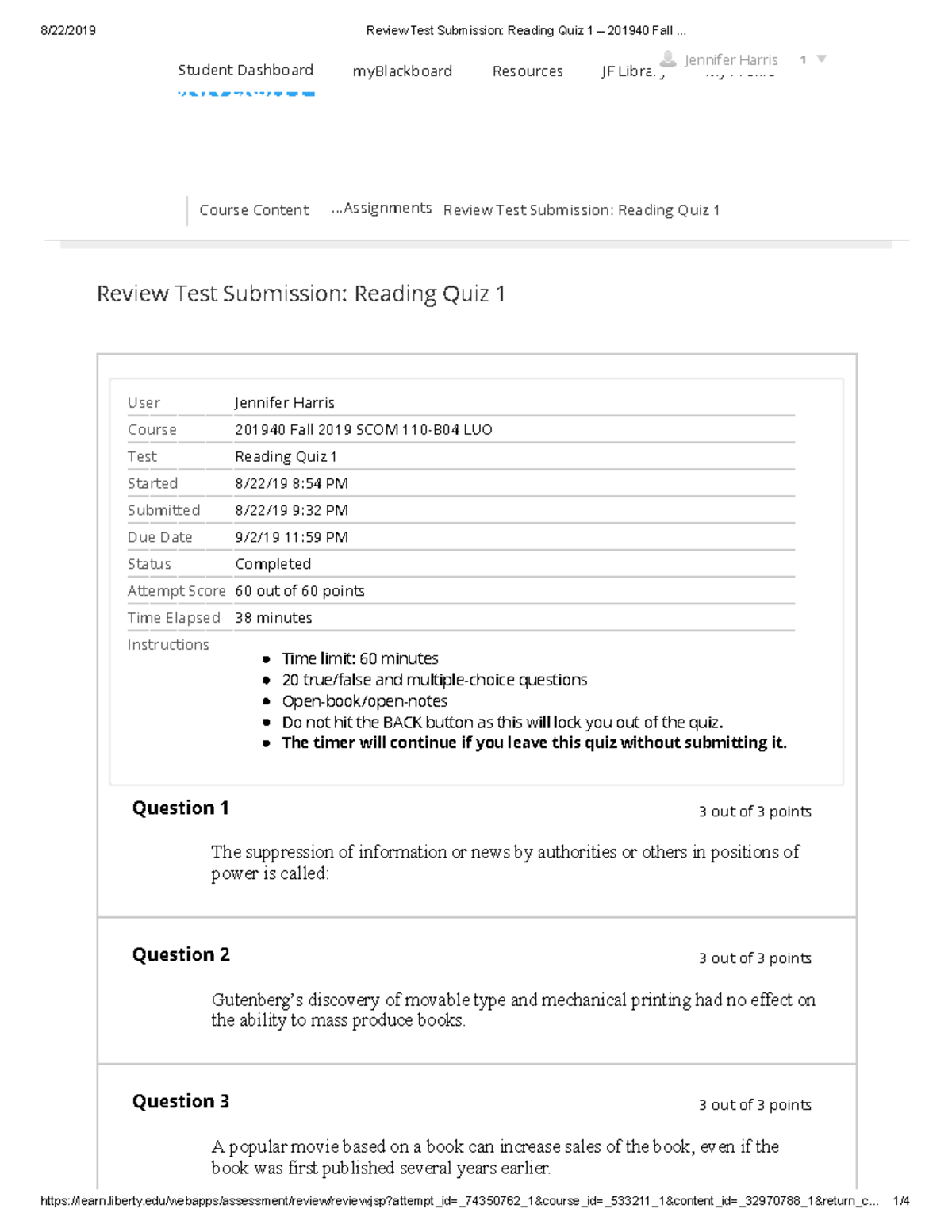 Reading Quiz 1 – 2019 40 Fall - Course Content .. Review Test ...