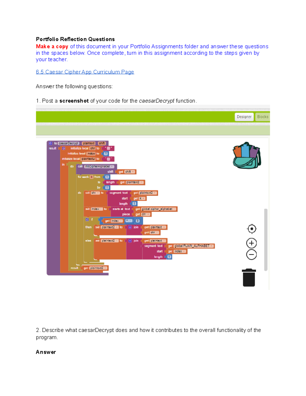 Copy Of Pq605 Caesar Cipher App Portfolio Reflection Questions Make A Copy Of This Document