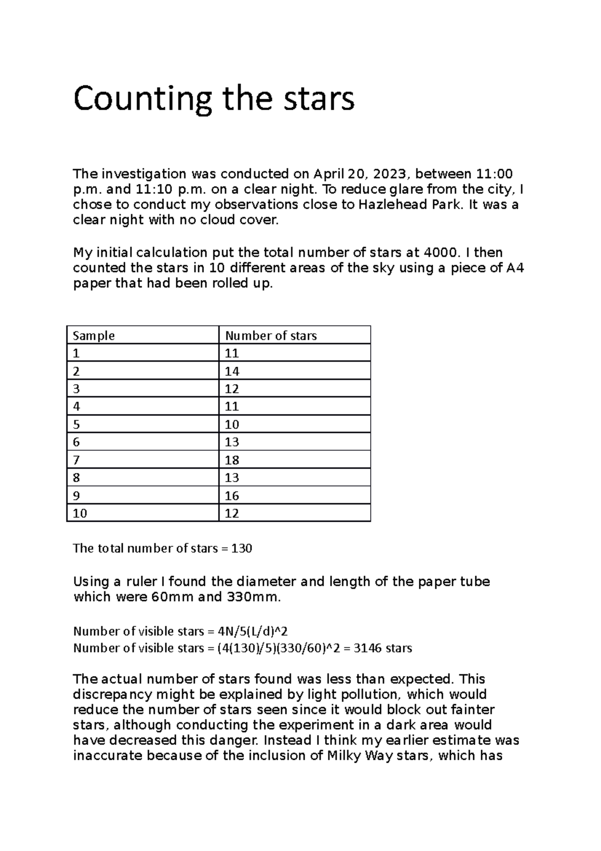 Counting the stars - Counting the stars The investigation was conducted ...