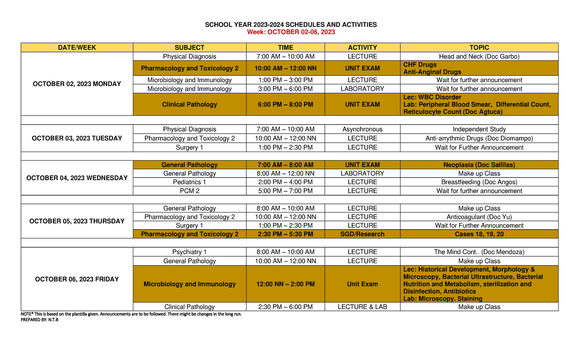 October 1ST Weekly Schedule 2324 - SCHOOL YEAR 2023-2024 SCHEDULES AND ...