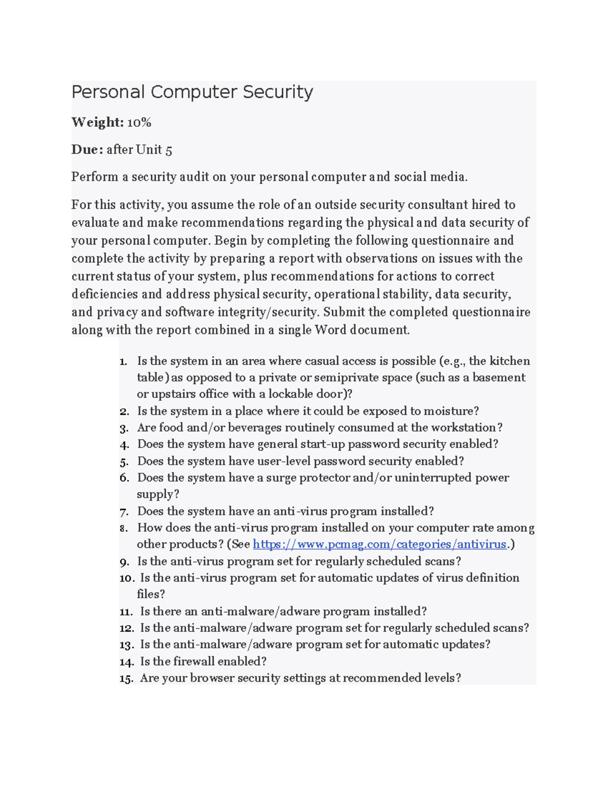 Unit 5 - Unit 5 - Personal Computer Security Weight: 10% Due: after ...