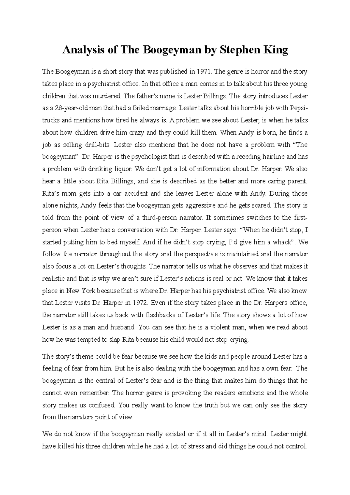 Analysis of The Boogeyman by Stephen King - The genre is horror and the ...