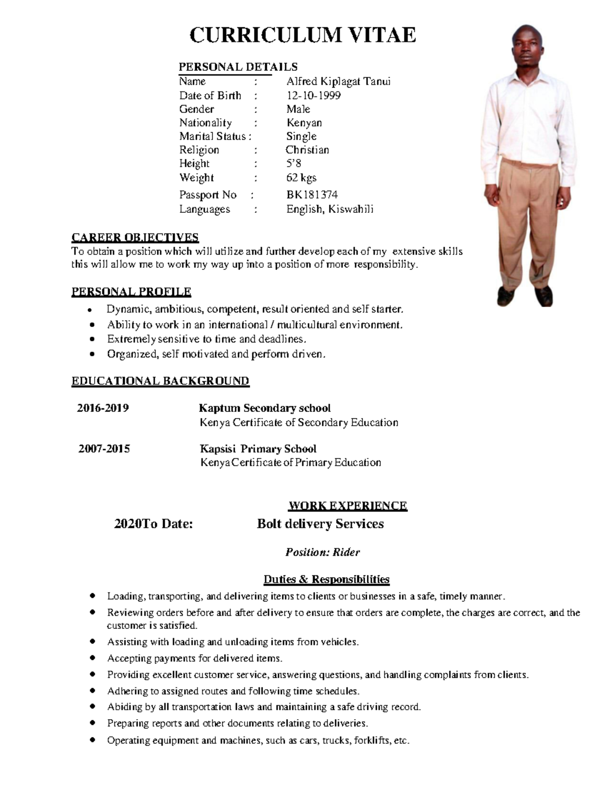 Alfred Kiplagat Tanui CV Rider - CURRICULUM VITAE PERSONAL DETAILS Name ...