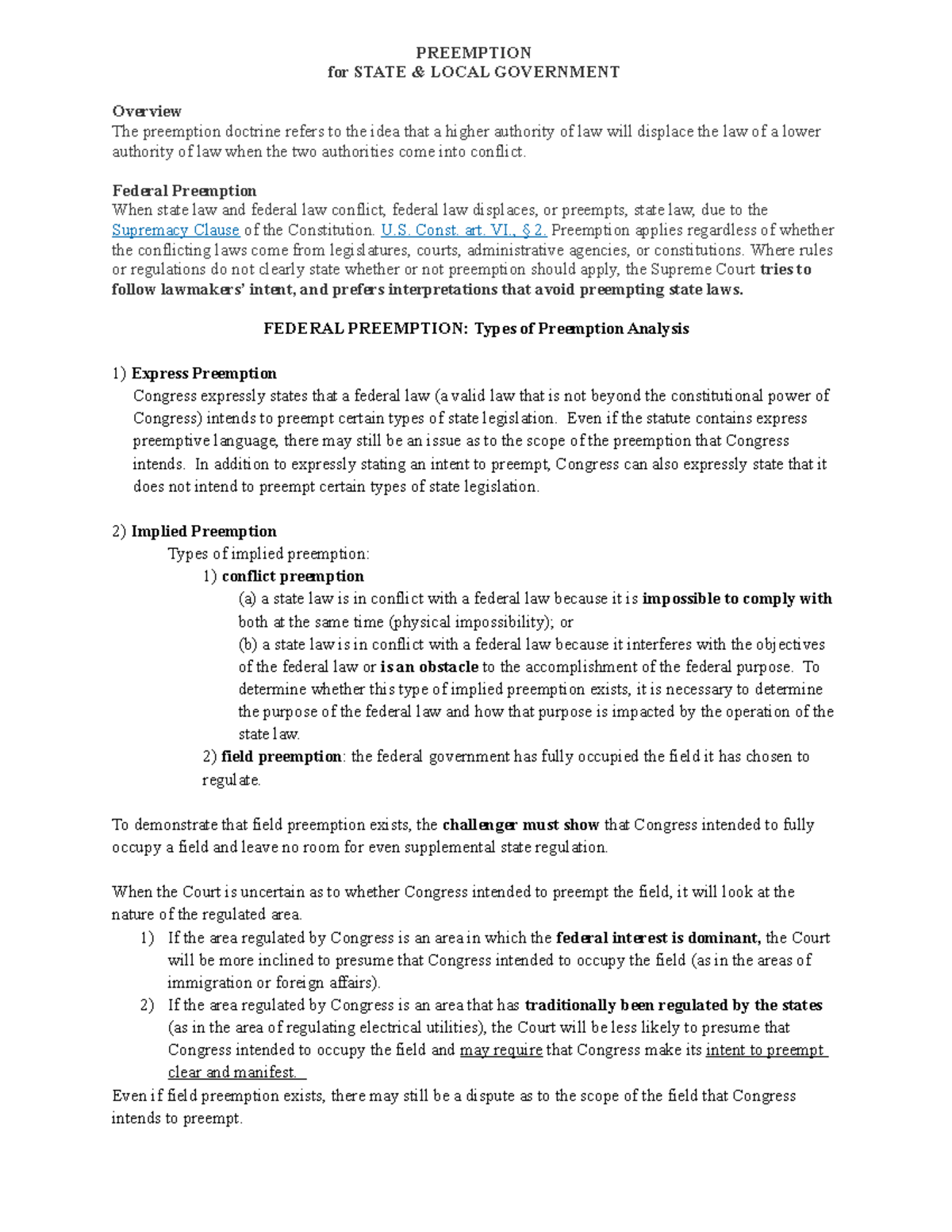 Preemption - PREEMPTION for STATE & LOCAL GOVERNMENT Overview The ...