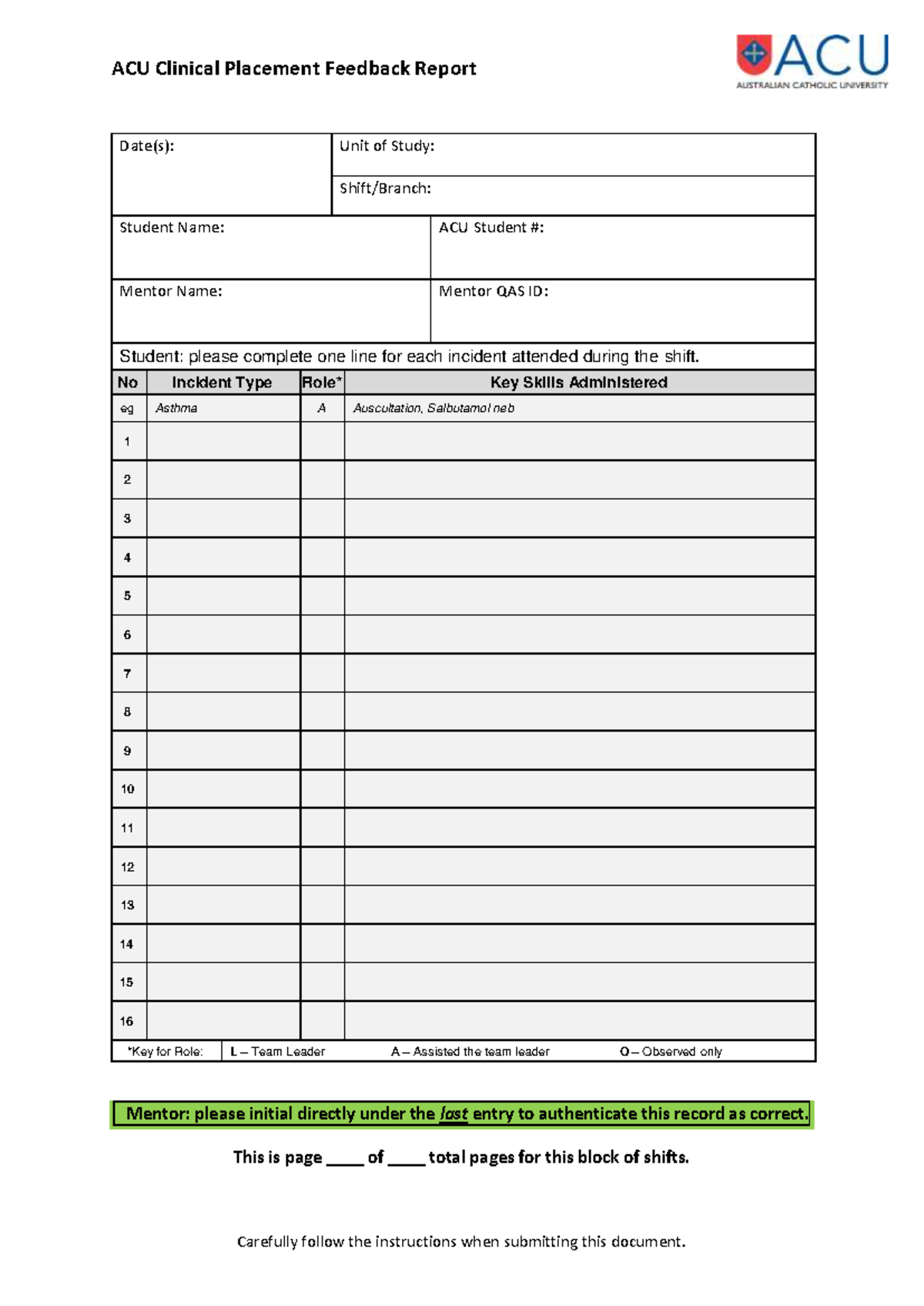 ACU Clinical Placement logbook 2020 QLD - ACU Clinical Placement ...