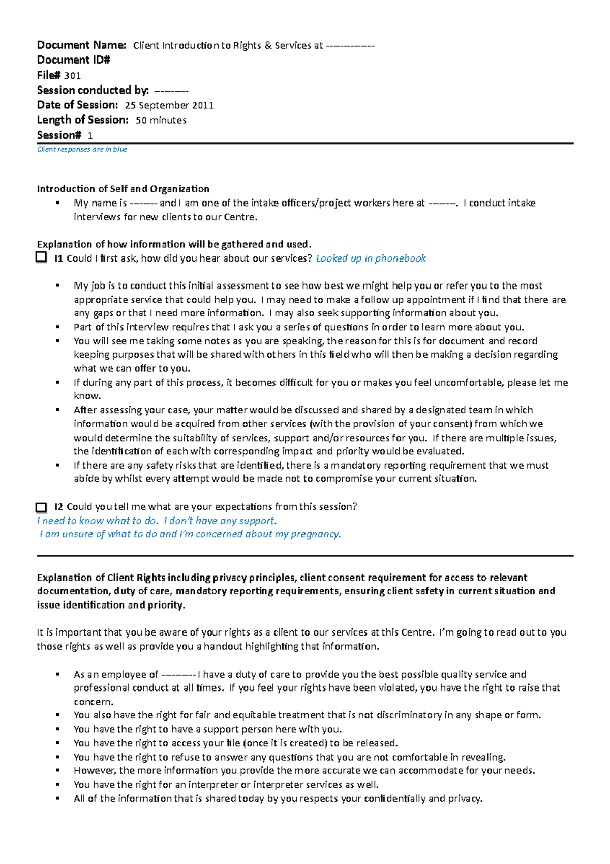Assignment Client intake - Document Name: Client Introduction to Rights ...