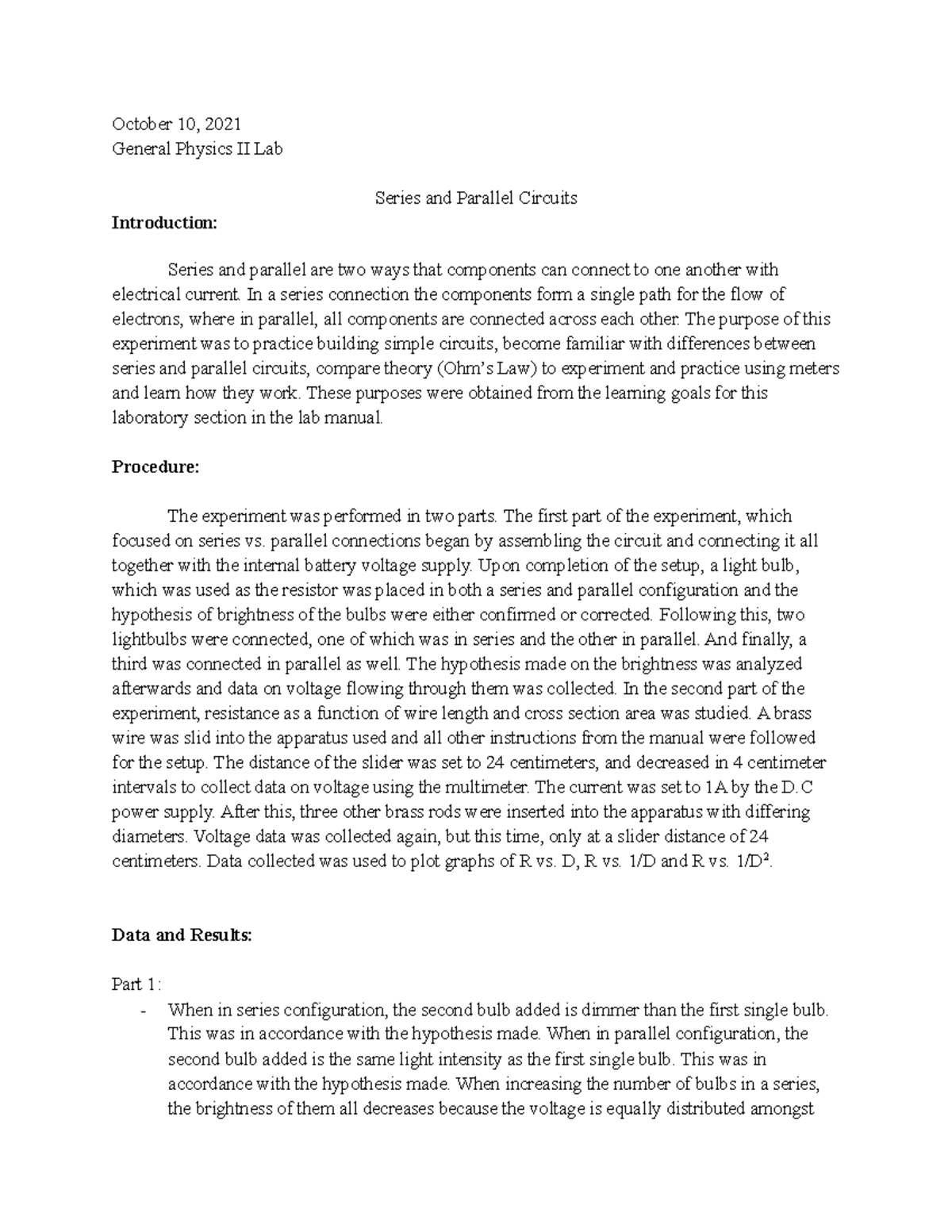 Lab 5 Circuits in Physics - October 10, 2021 General Physics II Lab ...