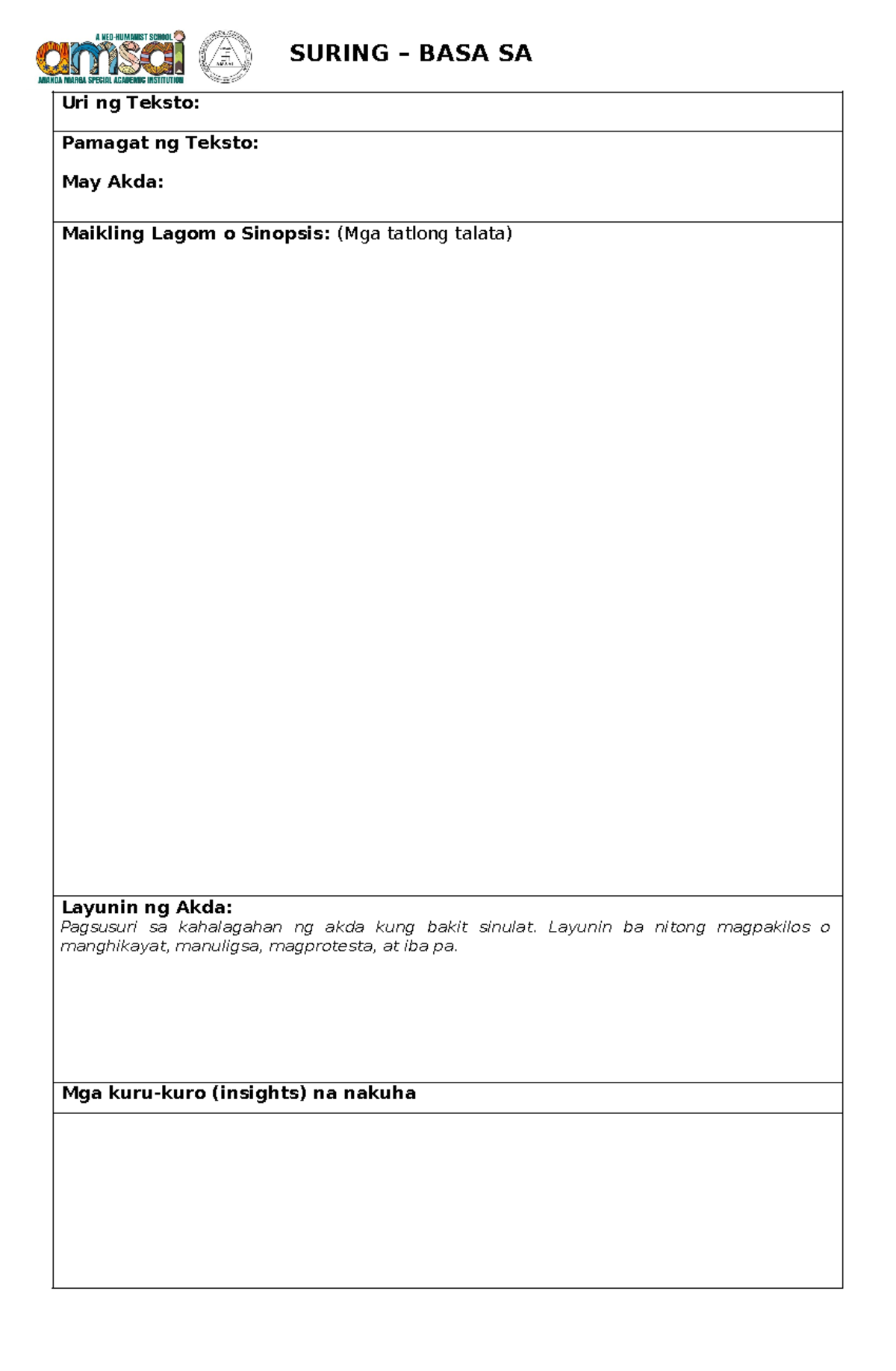 Format - Filipino - bs EDUCATION - SURING – BASA SA FILIPINO Uri ng ...