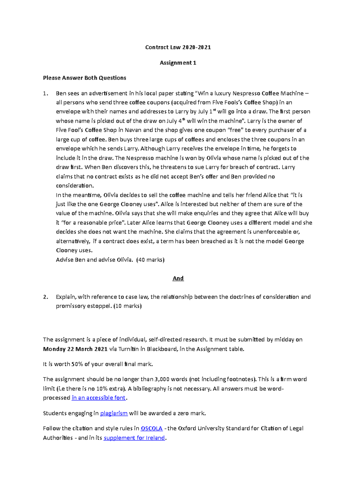 contract law assignment 2020/21 - Contract - Trinity College Dublin ...