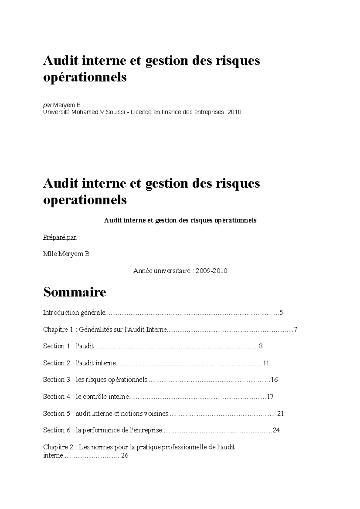 [MFE] Audit interne et gestion des risques opérationnels - Audit interne et gestion des risques ...