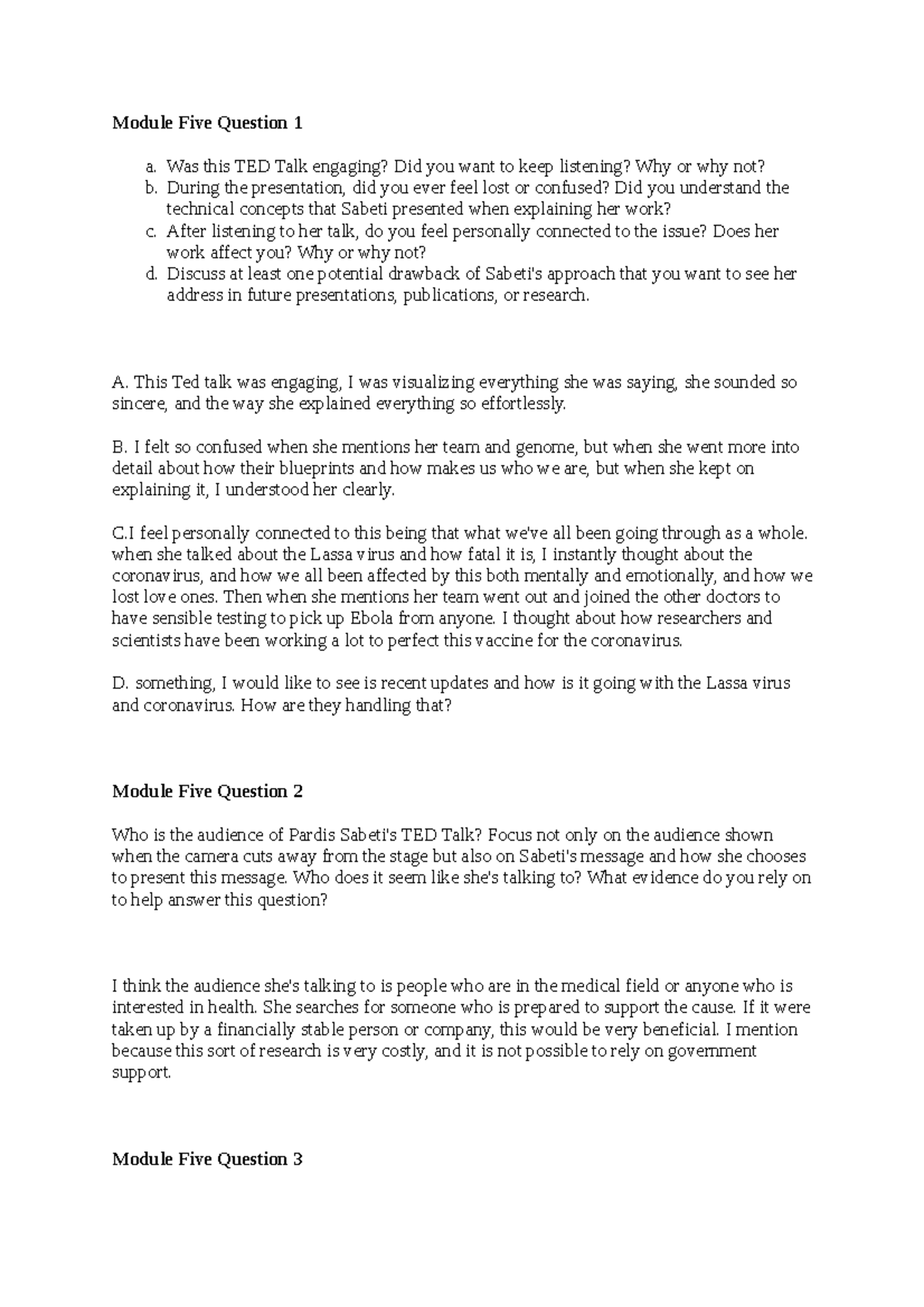 Scs ted talk questions - ted talk question - Module Five Question 1 a ...