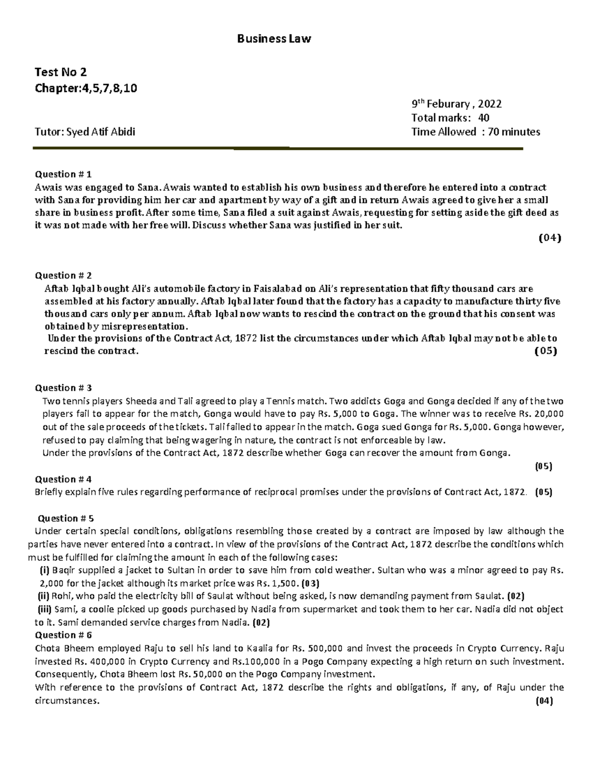Test 2 QP CHP 4 5 8 7 10 - test 3 - Business Law Test No 2 Chapter:4,5 ...