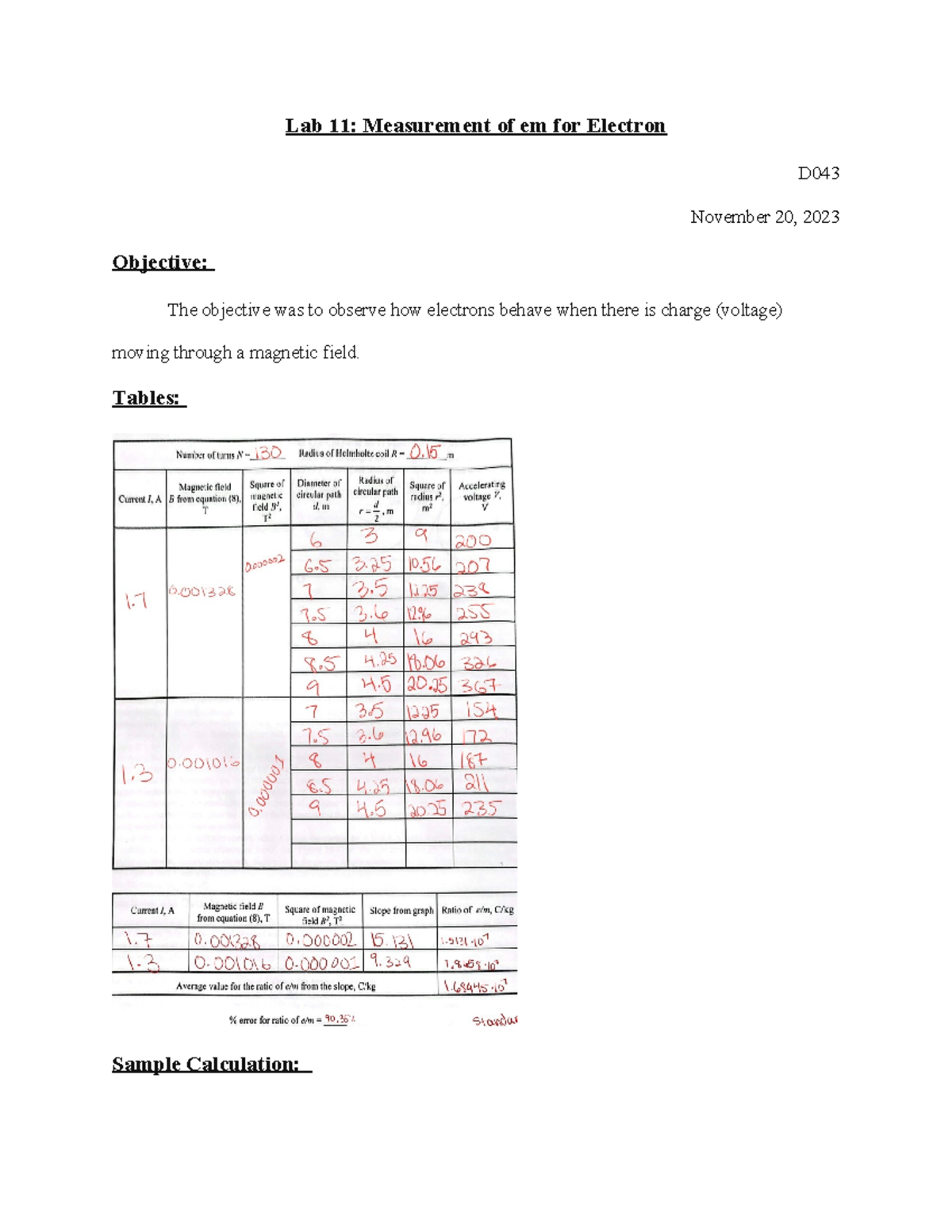 Lab 11 Measurement of em for Electric Copy - Lab 11: Measurement of em for Electron D November ...