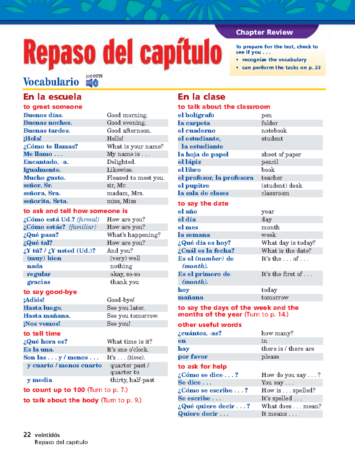 UNO+Realidades+Para+Empezar+ Vocab+pdf - 22 veintidós Repaso del ...