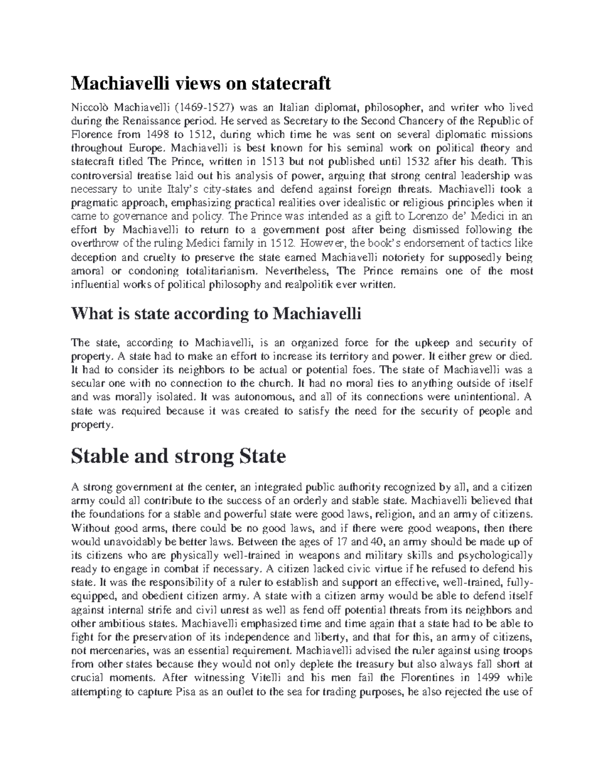 Machiavelli views on statecraft - Machiavelli views on statecraft ...